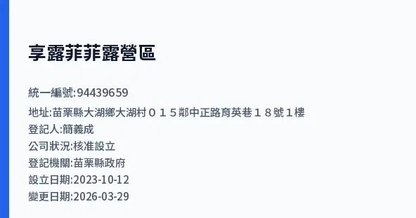 享露菲菲露營區的照片-統編 94439659(苗栗縣) 公司登記資料與營業項目詳細圖表