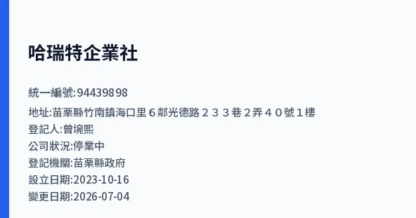 哈瑞特企業社的照片-統編 94439898(苗栗縣) 公司登記資料與營業項目詳細圖表