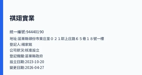 祺翊實業的照片-統編 94440190(苗栗縣) 公司登記資料與營業項目詳細圖表