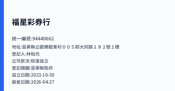 福星彩券行的照片-統編 94440662(苗栗縣) 公司登記資料與營業項目詳細圖表
