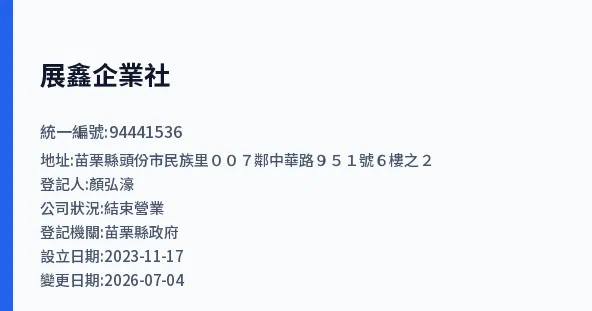 展鑫企業社的照片-統編 94441536(苗栗縣) 公司登記資料與營業項目詳細圖表