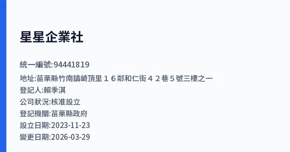 星星企業社的照片-統編 94441819(苗栗縣) 公司登記資料與營業項目詳細圖表