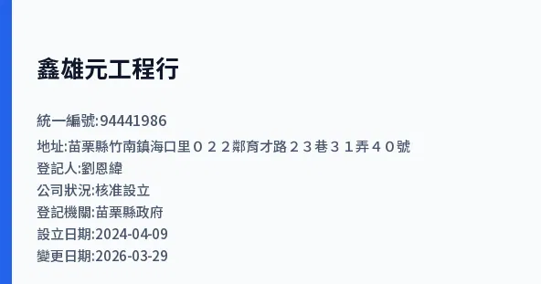 鑫雄元工程行的照片-統編 94441986(苗栗縣) 公司登記資料與營業項目詳細圖表