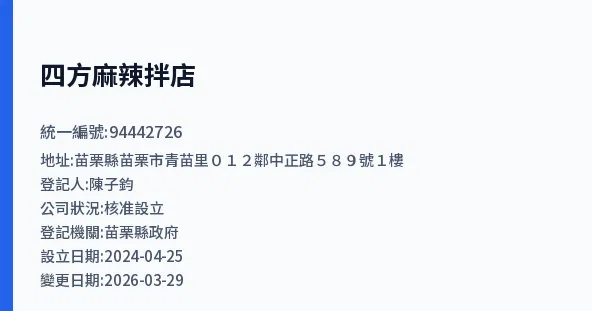 四方麻辣拌店的照片-統編 94442726(苗栗縣) 公司登記資料與營業項目詳細圖表