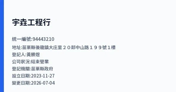 宇垚工程行的照片-統編 94443210(苗栗縣) 公司登記資料與營業項目詳細圖表