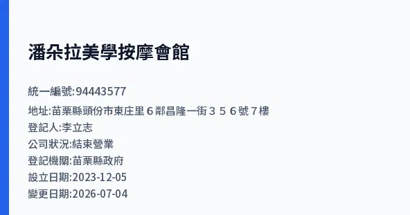 潘朵拉美學按摩會館的照片-統編 94443577(苗栗縣) 公司登記資料與營業項目詳細圖表