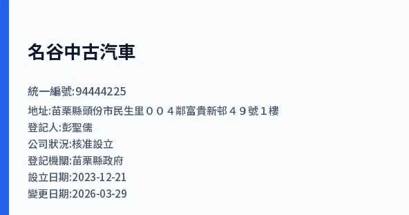 名谷中古汽車的照片-統編 94444225(苗栗縣) 公司登記資料與營業項目詳細圖表