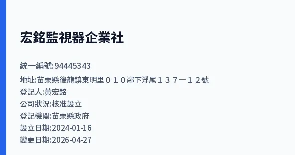 宏銘監視器企業社的照片-統編 94445343(苗栗縣) 公司登記資料與營業項目詳細圖表