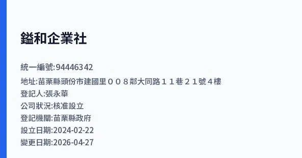 鎰和企業社的照片-統編 94446342(苗栗縣) 公司登記資料與營業項目詳細圖表