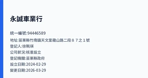 永誠車業行的照片-統編 94446589(苗栗縣) 公司登記資料與營業項目詳細圖表