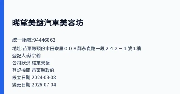 晞望美鍍汽車美容坊的照片-統編 94446862(苗栗縣) 公司登記資料與營業項目詳細圖表