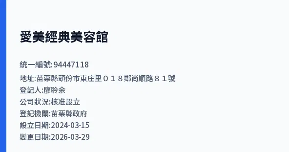 愛美經典美容館的照片-統編 94447118(苗栗縣) 公司登記資料與營業項目詳細圖表