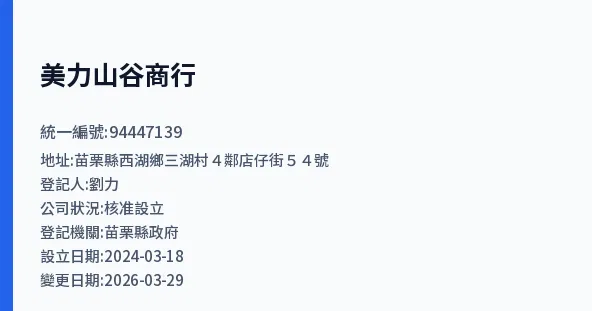 美力山谷商行的照片-統編 94447139(苗栗縣) 公司登記資料與營業項目詳細圖表