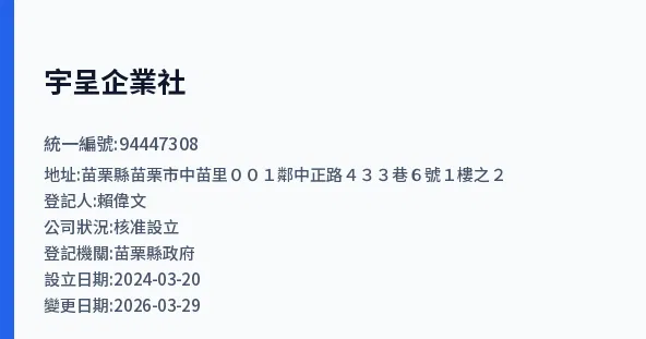 宇呈企業社的照片-統編 94447308(苗栗縣) 公司登記資料與營業項目詳細圖表