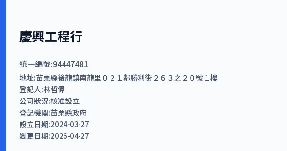 慶興工程行的照片-統編 94447481(苗栗縣) 公司登記資料與營業項目詳細圖表