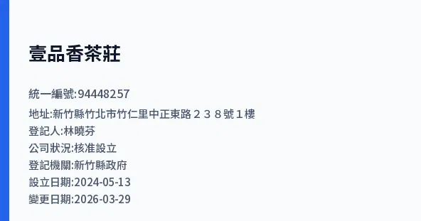 壹品香茶莊的照片-統編 94448257(新竹縣) 公司登記資料與營業項目詳細圖表