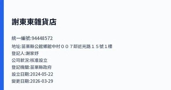 謝東東雜貨店的照片-統編 94448572(苗栗縣) 公司登記資料與營業項目詳細圖表