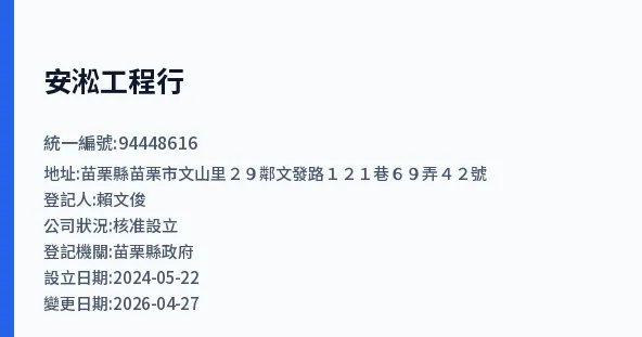 安淞工程行的照片-統編 94448616(苗栗縣) 公司登記資料與營業項目詳細圖表