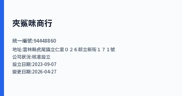 夾鯊咪商行的照片-統編 94448860(雲林縣) 公司登記資料與營業項目詳細圖表