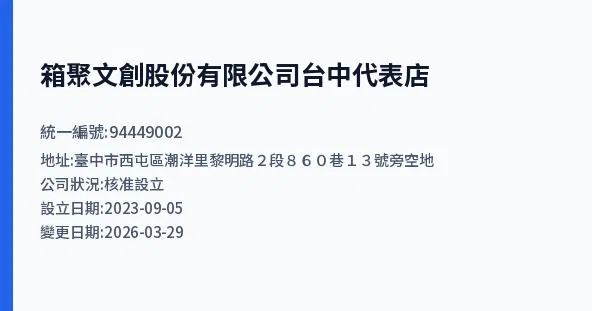 箱聚文創股份有限公司台中代表店的照片-統編 94449002(臺中市) 公司登記資料與營業項目詳細圖表