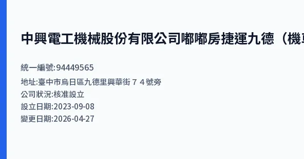 中興電工機械股份有限公司嘟嘟房捷運九德(機車)南站的照片-統編 94449565(臺中市) 公司登記資料與營業項目詳細圖表