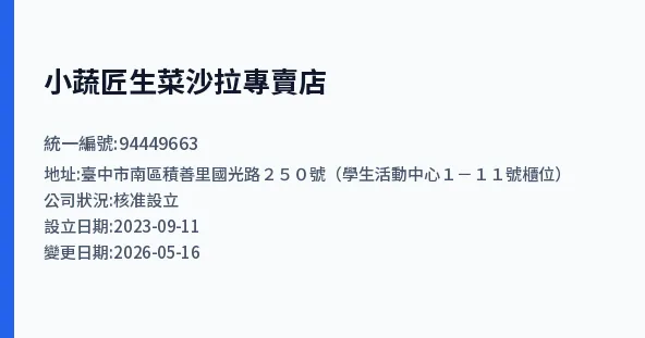 小蔬匠生菜沙拉專賣店的照片-統編 94449663(臺中市) 公司登記資料與營業項目詳細圖表