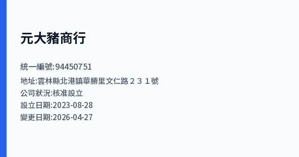 元大豬商行的照片-統編 94450751(雲林縣) 公司登記資料與營業項目詳細圖表