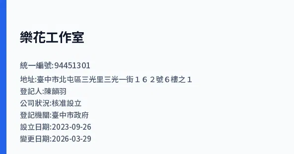 樂花工作室的照片-統編 94451301(臺中市) 公司登記資料與營業項目詳細圖表