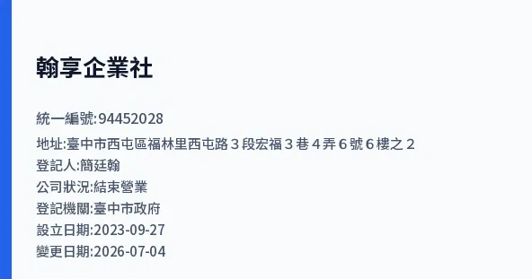 翰享企業社的照片-統編 94452028(臺中市) 公司登記資料與營業項目詳細圖表