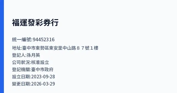福運發彩券行的照片-統編 94452316(臺中市) 公司登記資料與營業項目詳細圖表