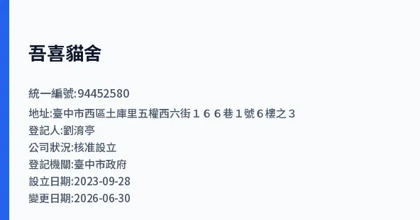 吾喜貓舍的照片-統編 94452580(臺中市) 公司登記資料與營業項目詳細圖表