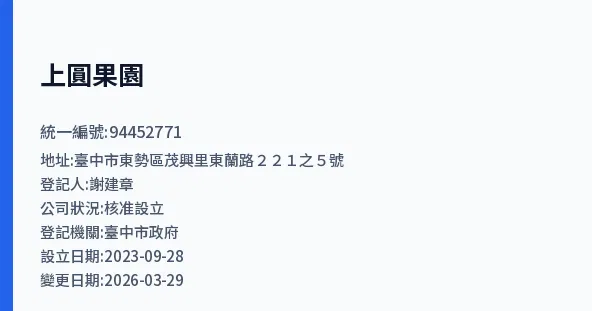 上圓果園的照片-統編 94452771(臺中市) 公司登記資料與營業項目詳細圖表