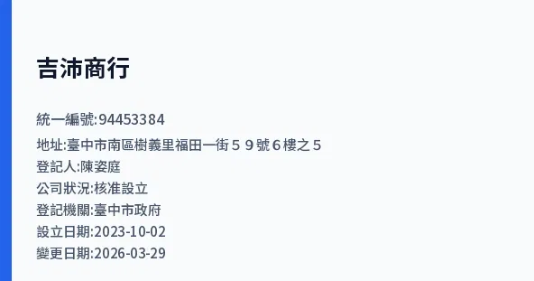 吉沛商行的照片-統編 94453384(臺中市) 公司登記資料與營業項目詳細圖表