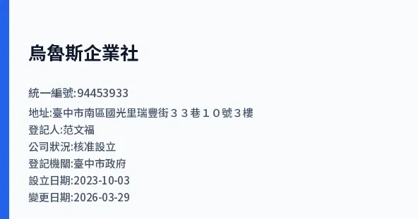 烏魯斯企業社的照片-統編 94453933(臺中市) 公司登記資料與營業項目詳細圖表