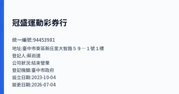 冠盛運動彩券行的照片-統編 94453981(臺中市) 公司登記資料與營業項目詳細圖表