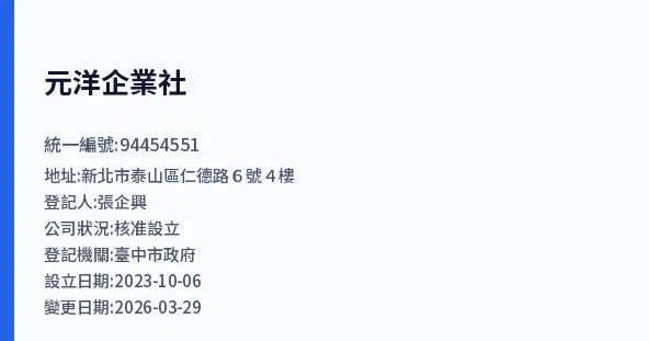 元洋企業社的照片-統編 94454551(新北市) 公司登記資料與營業項目詳細圖表