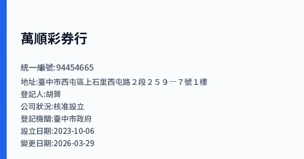 萬順彩券行的照片-統編 94454665(臺中市) 公司登記資料與營業項目詳細圖表