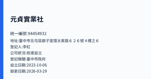 元貞實業社的照片-統編 94454932(臺中市) 公司登記資料與營業項目詳細圖表