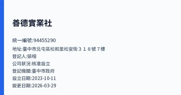 善德實業社的照片-統編 94455290(臺中市) 公司登記資料與營業項目詳細圖表