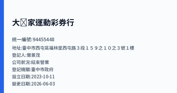 大赢家運動彩券行的照片-統編 94455448(臺中市) 公司登記資料與營業項目詳細圖表