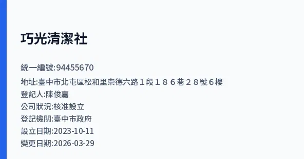 巧光清潔社的照片-統編 94455670(臺中市) 公司登記資料與營業項目詳細圖表