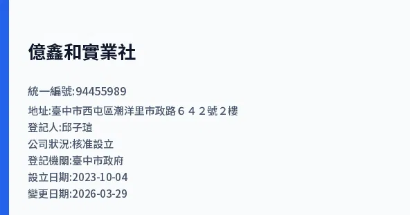 億鑫和實業社的照片-統編 94455989(臺中市) 公司登記資料與營業項目詳細圖表