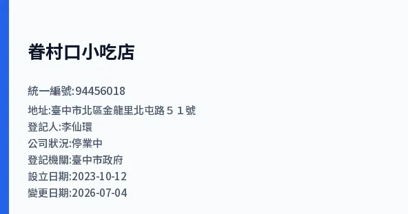 眷村口小吃店的照片-統編 94456018(臺中市) 公司登記資料與營業項目詳細圖表