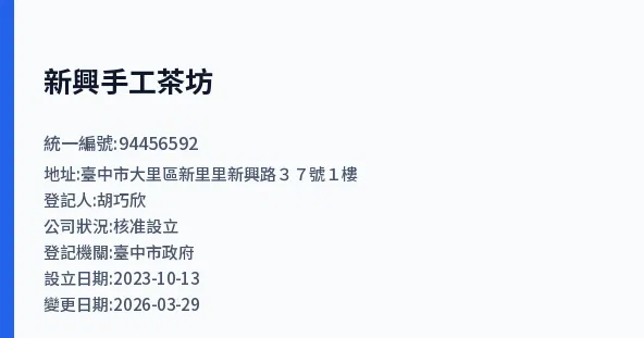 新興手工茶坊的照片-統編 94456592(臺中市) 公司登記資料與營業項目詳細圖表