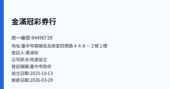 金滿冠彩券行的照片-統編 94456729(臺中市) 公司登記資料與營業項目詳細圖表