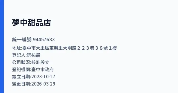 夢中甜品店的照片-統編 94457683(臺中市) 公司登記資料與營業項目詳細圖表