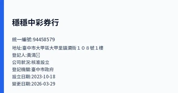 穩穩中彩券行的照片-統編 94458579(臺中市) 公司登記資料與營業項目詳細圖表