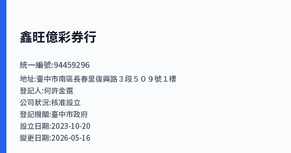 鑫旺億彩券行的照片-統編 94459296(臺中市) 公司登記資料與營業項目詳細圖表