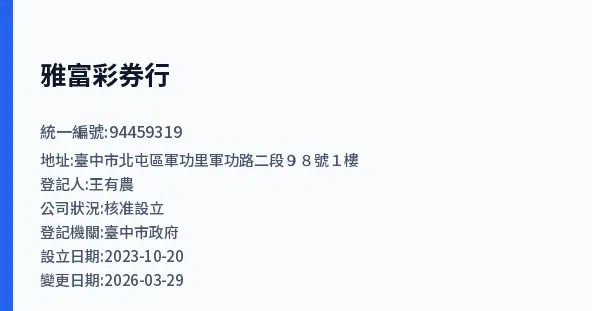 雅富彩券行的照片-統編 94459319(臺中市) 公司登記資料與營業項目詳細圖表