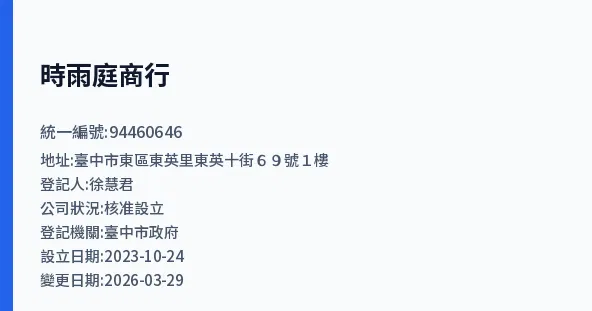 時雨庭商行的照片-統編 94460646(臺中市) 公司登記資料與營業項目詳細圖表